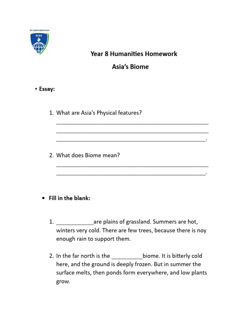 Year 8 Humanities Asias Biome Homeworksheet | PDF