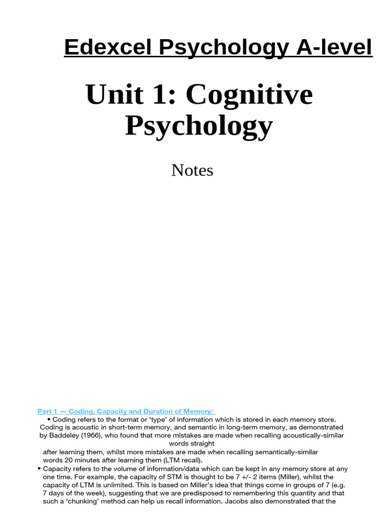 Cognitive Psychology Notes - Edexcel (IAL) Psychology A-level | PDF ...