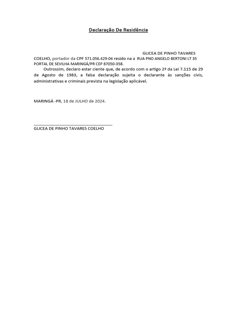 Declaração de Residência de Glicea Coelho | PDF
