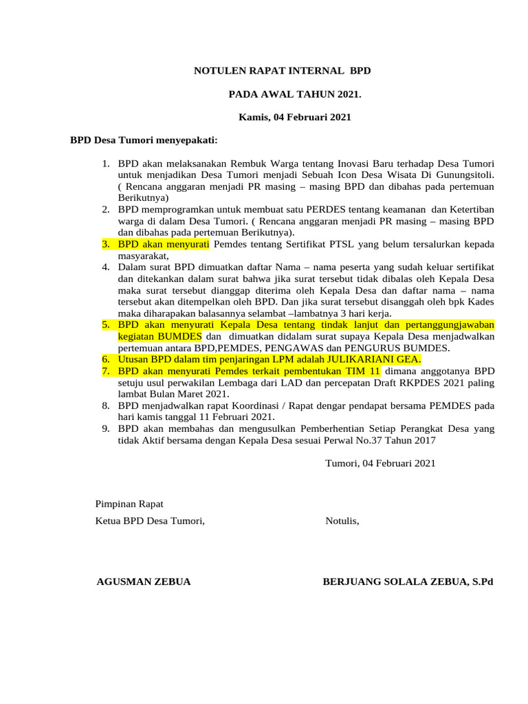 Notulen Rapat Internal BPD | PDF