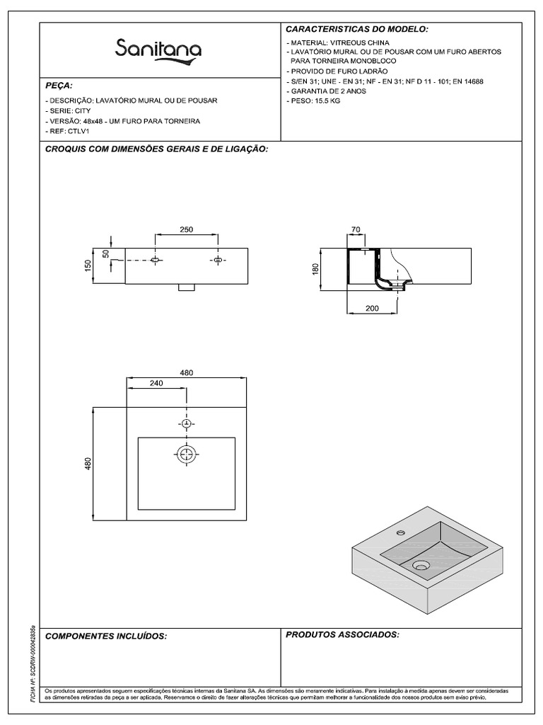 Ficha Tecnica Lavatório SANITANA Série City | PDF