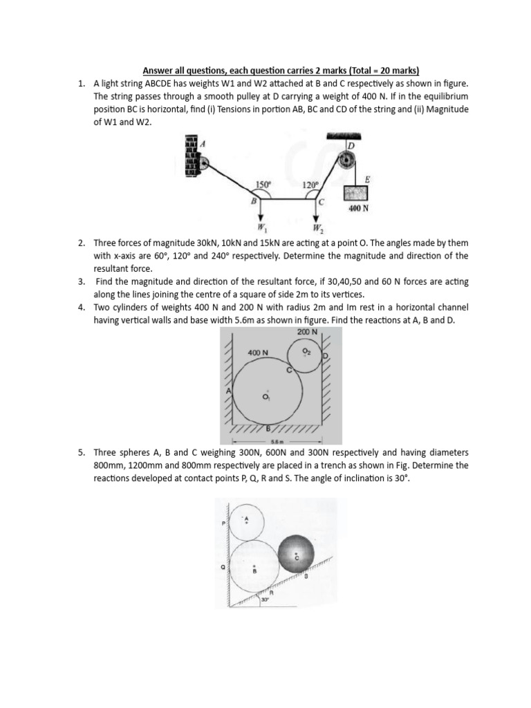 Physics Questions on Forces and Equilibrium | PDF