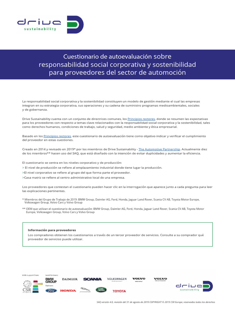 Updated CSR-DriveSustainability SAQ-FORM2019 A4 V09-11102019 ES | PDF ...