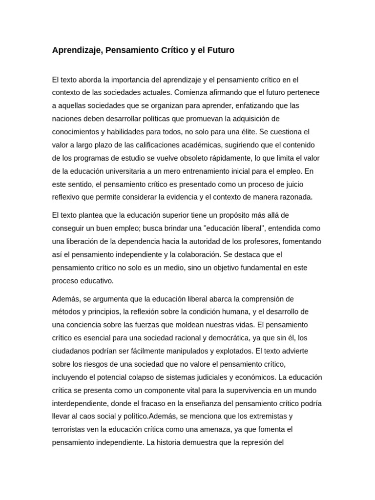 Importancia del Pensamiento Crítico en Educación | PDF | Pensamiento | Pensamiento crítico