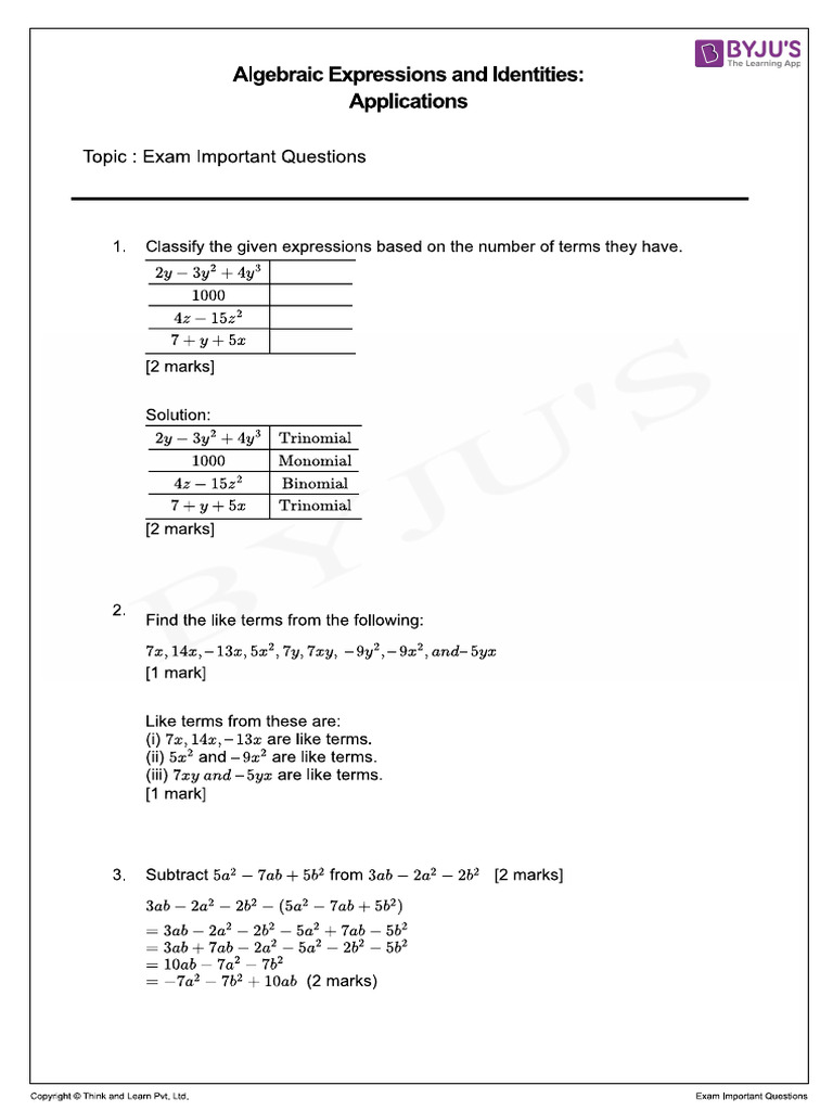 CBSE G+08 Algebraic+Expressions+and+Identities EIQ | PDF