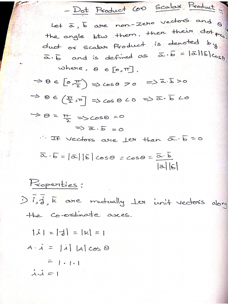 Maths Notes-product of Vectors-dot Product and Scalar Product | PDF