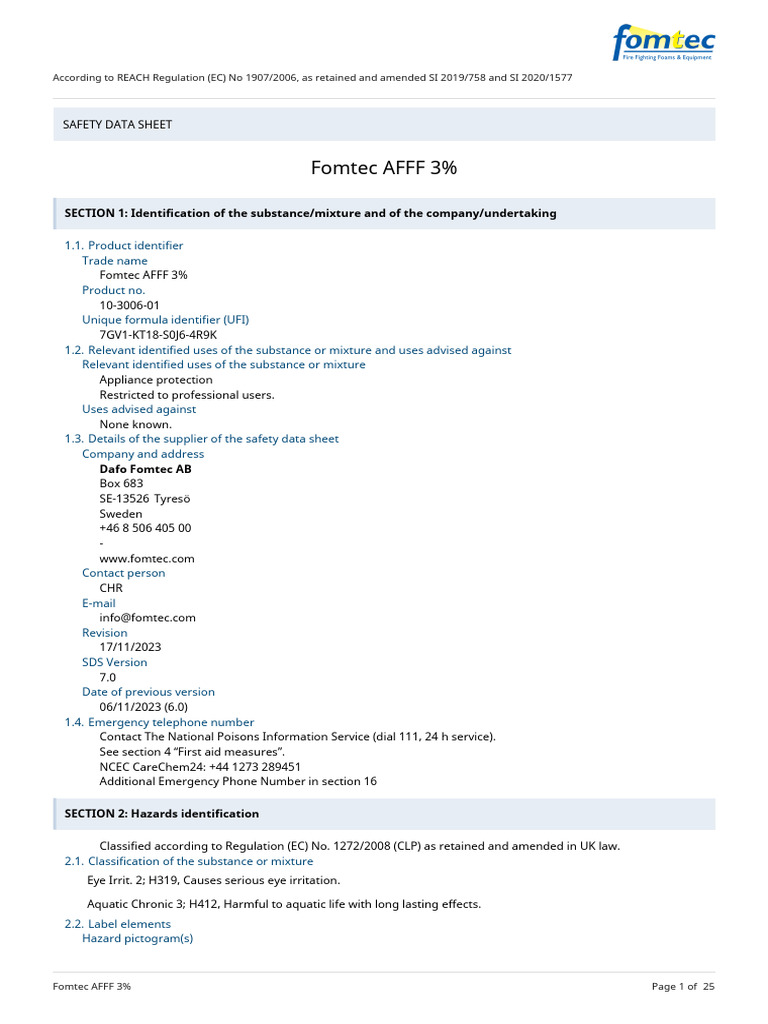Fomtec AFFF 3% | PDF | Toxicology | Occupational Safety And Health