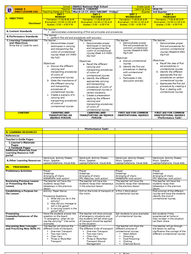 Grade 9 First Aid Lesson Plan | PDF | Learning | First Aid