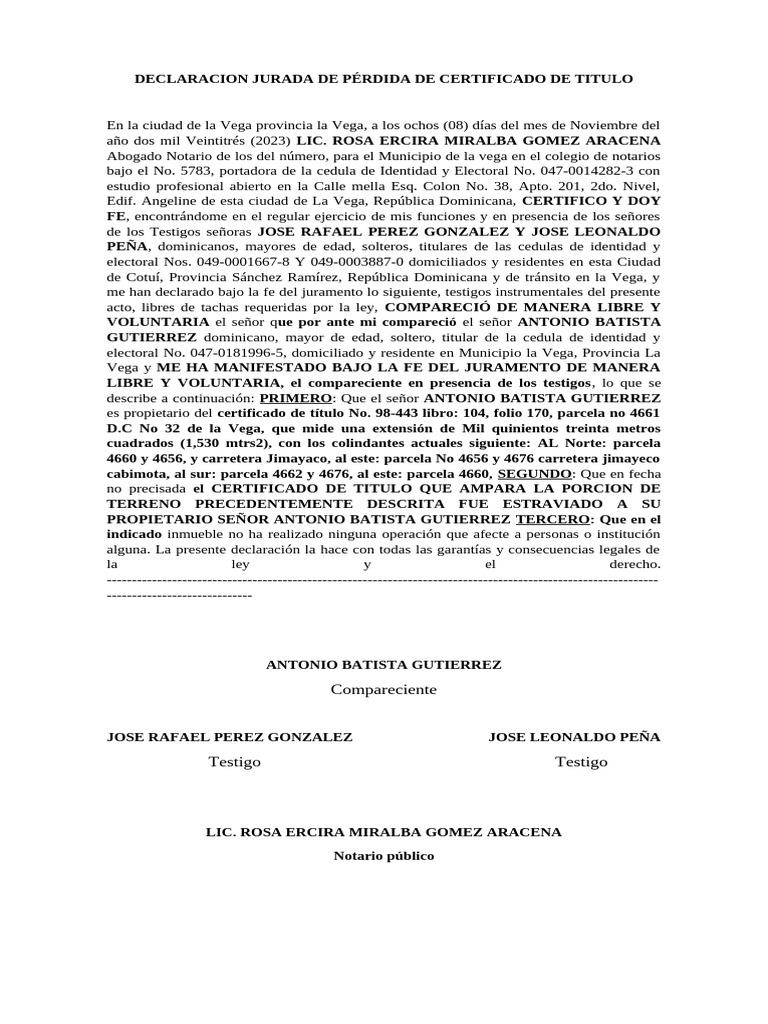 Declaracion Jurada de Pérdida de Certificado de Titulo | PDF | Gobierno
