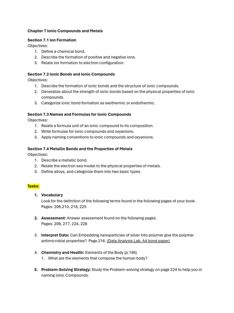 Ionic Compounds and Metallic Bonds Guide | PDF