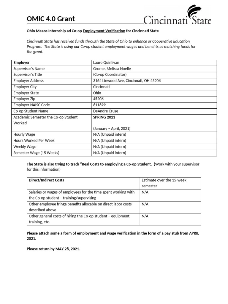 Employment Verification SP2021 (DeAndre Cruse) | PDF