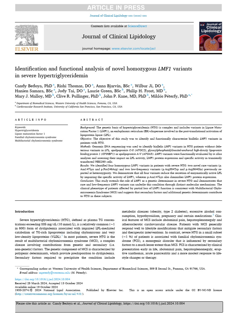 Identification and Functional Analysis of Novel Homozygous LMF1 ...