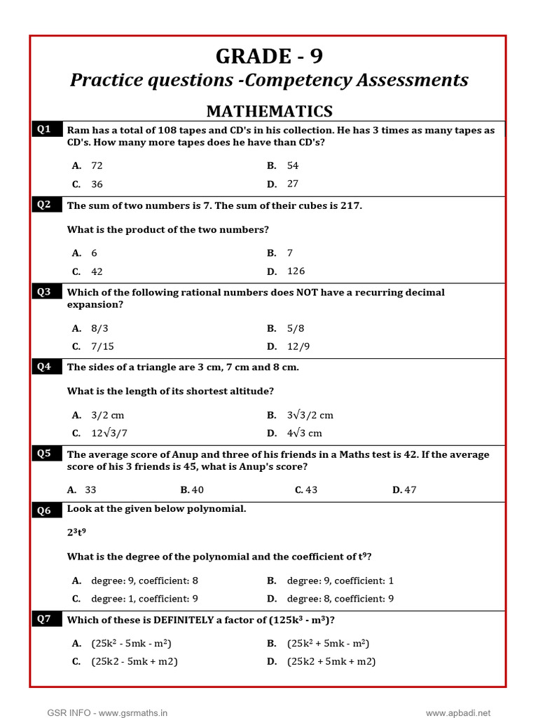 NAS 2024 Grade 9 SCERT Practice Questions - Competency Assessments ...