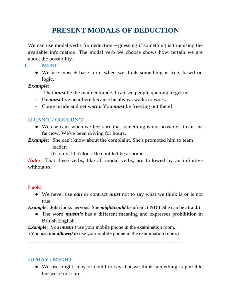 PRESENT MODALS OF DEDUCTION | PDF