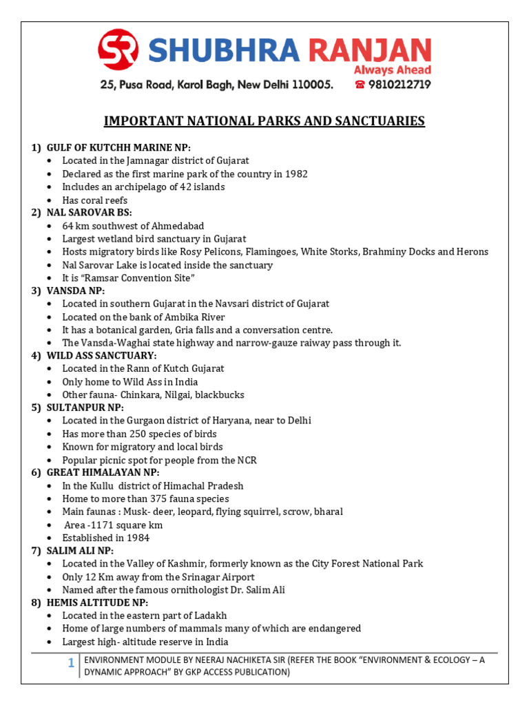 Important National Parks and Sanctuaries | PDF