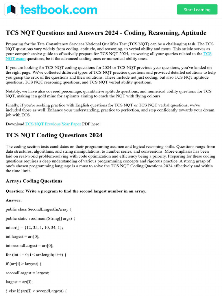 TCS NQT Questions and Answers 2024 - Coding, Reasoning, Aptitude | PDF