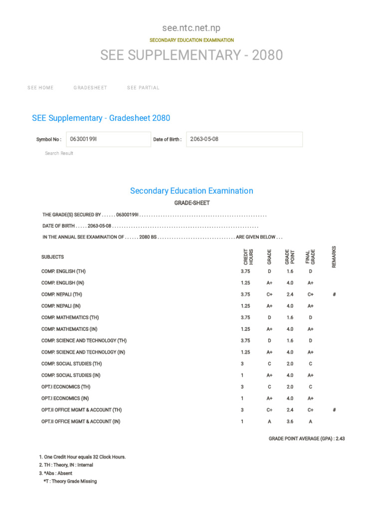NEPAL TELECOM - SEE - NTC.NET - NP - SEE Results 2080 | PDF | Science ...