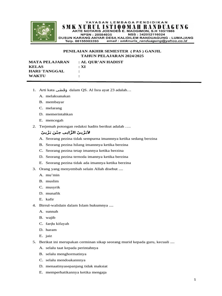 Soal Pas Ganjil Qurdis Kelas Xi | PDF