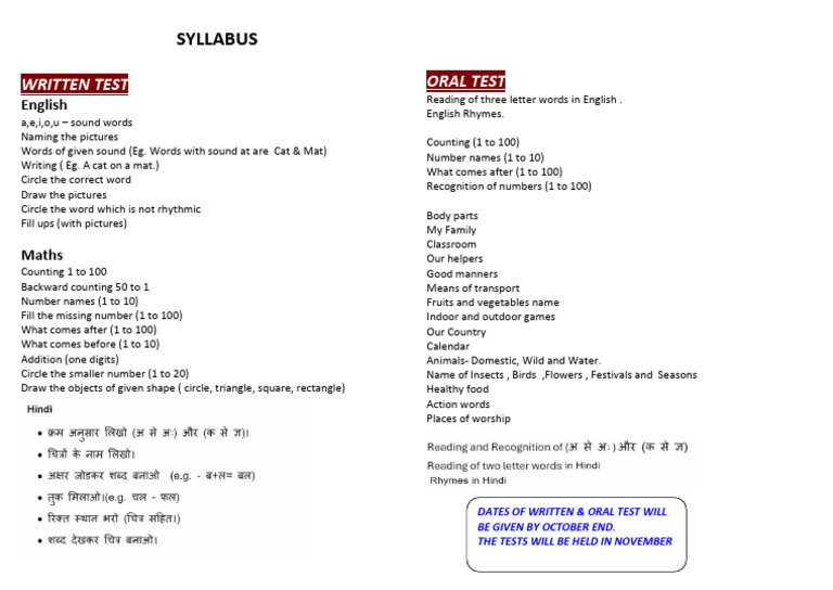 UKG Admission Test Syllabus 2025-26 | PDF