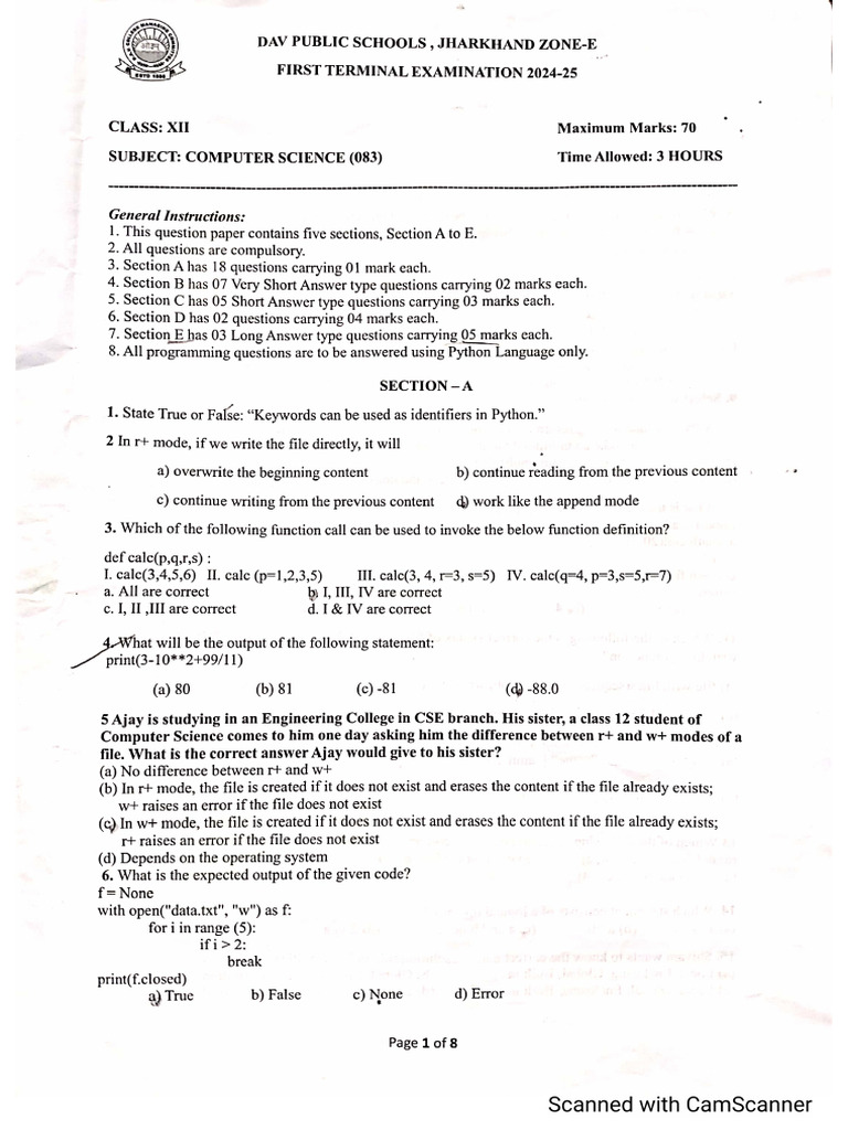 CS Half Yearly QP (Dav School) | PDF