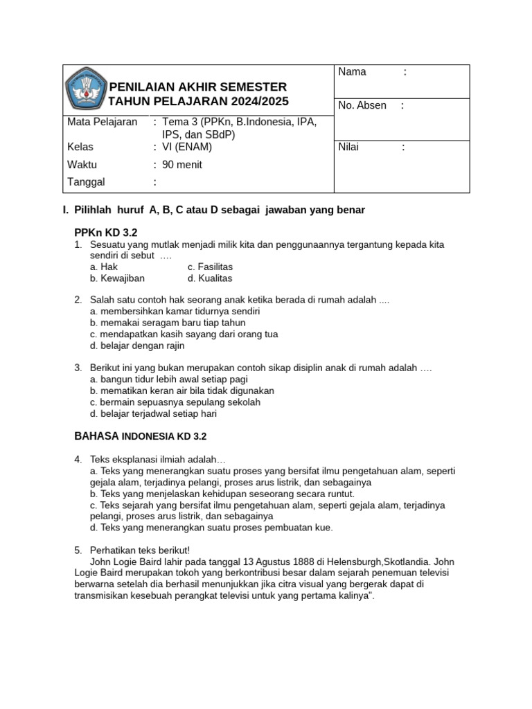 Soal Pas Kelas 6 Tema 3 | PDF