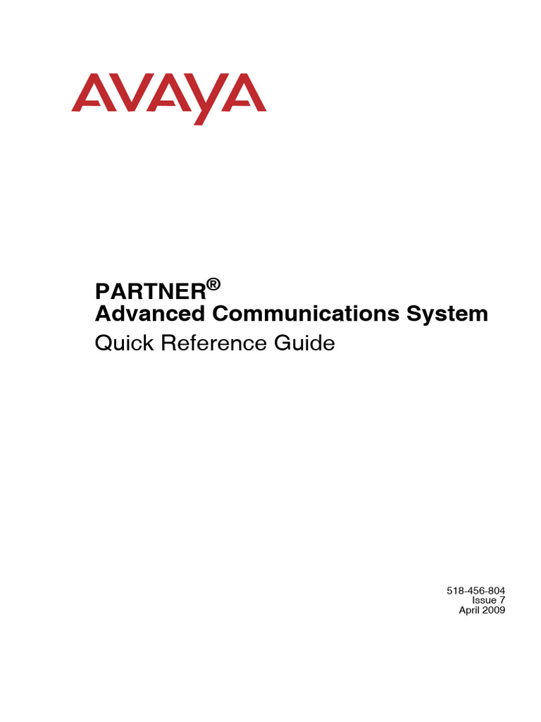 Avaya - PARTNER® Advanced Communications System Quick Reference Guide ...