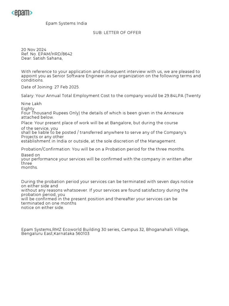 EPAM Systems Offer Letter Details | PDF | Private Law | Justice