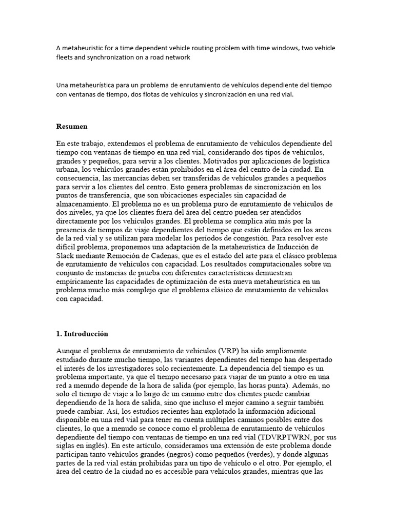 ESPAÑOL A metaheuristic for a time dependent vehicle routing problem with time windows | PDF ...