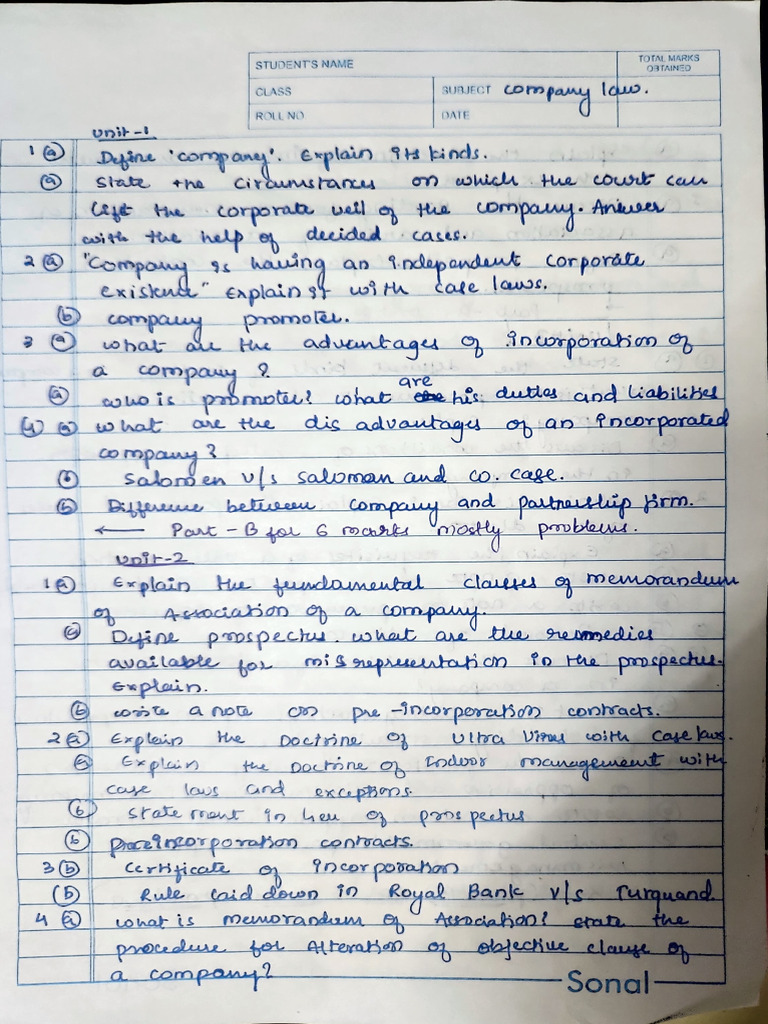 comapny law important questions | PDF