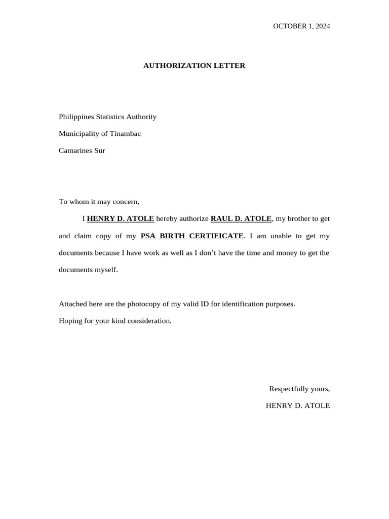Authorization Letter | PDF