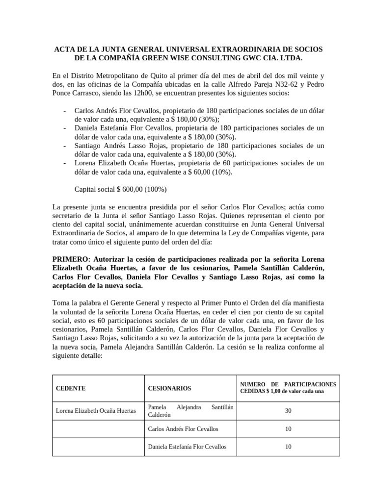 Acta Cesión de Participaciones Green Wise Consulting GWC Cia. Ltda | PDF