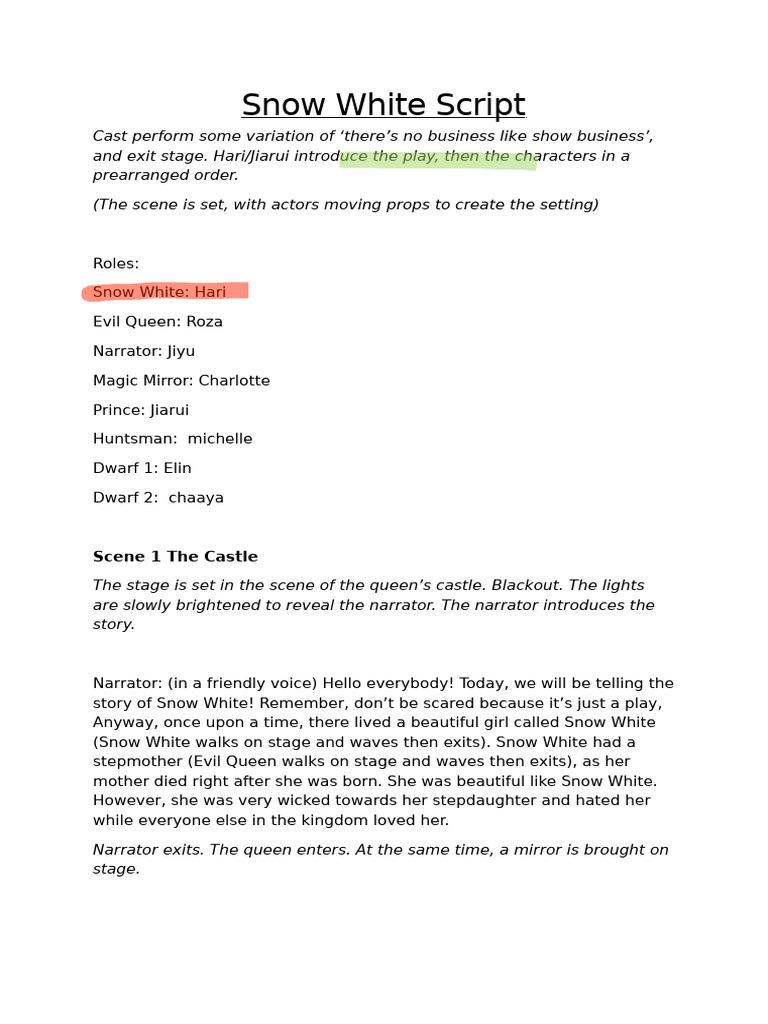 Snow White Pantomime Script | PDF | Snow White | Grimms' Fairy Tales