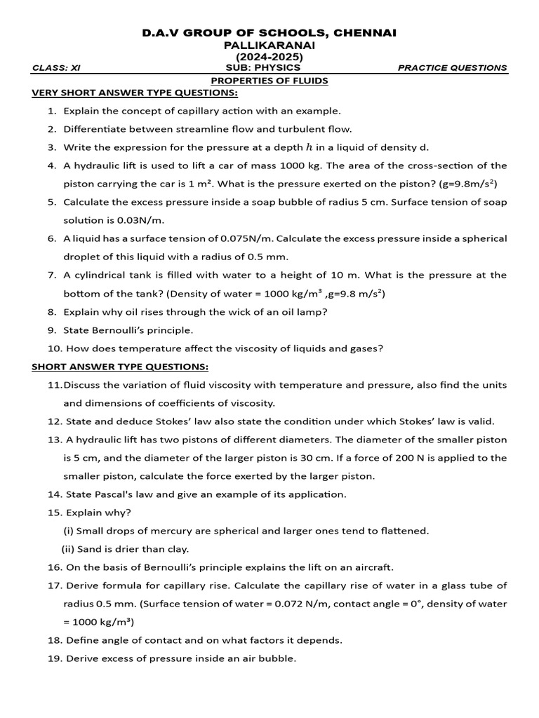 Fluids Physics Assignment - Class 11 | PDF | Pressure | Liquids