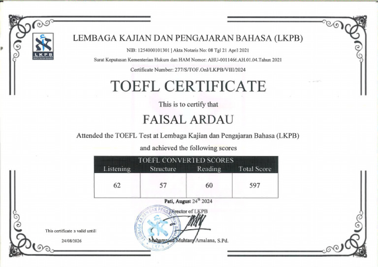 TOEFL Certificate | PDF