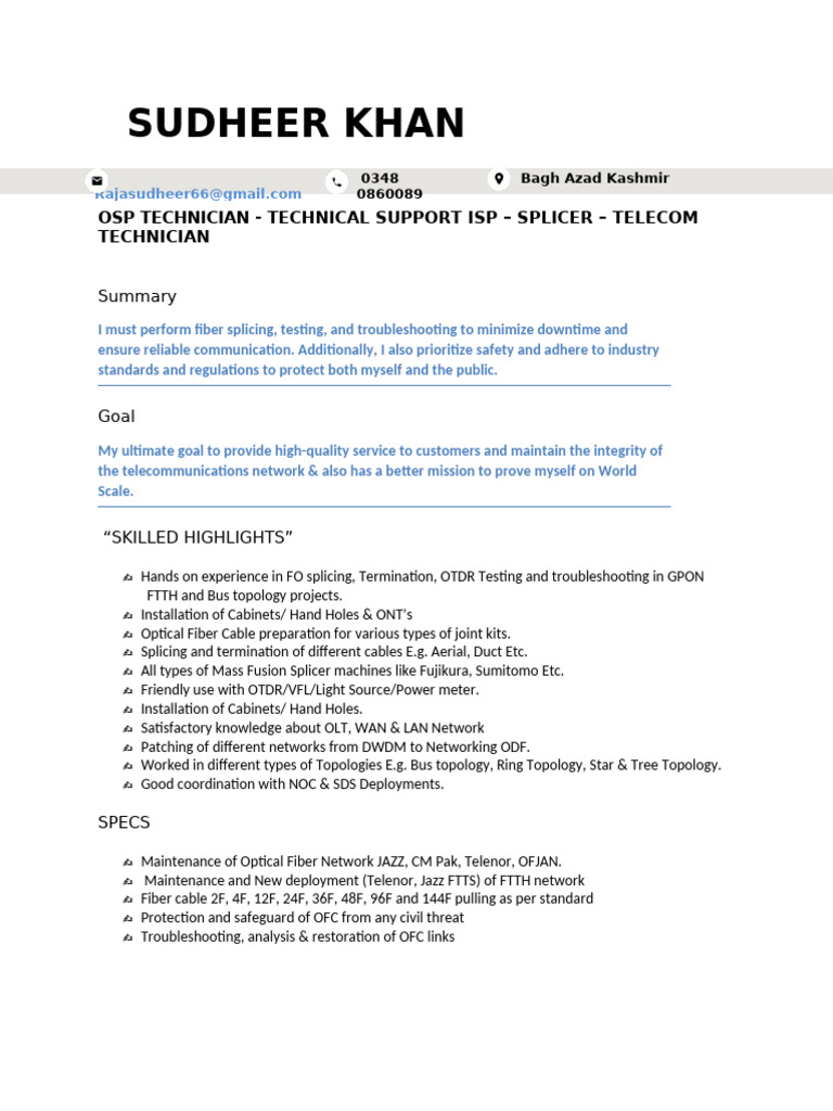 Sudheer Khan Cv | PDF | Optical Fiber | Fiber To The X