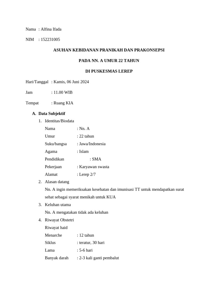 Asuhan Kebidanan Pranikah Nn. A 22 Tahun | PDF
