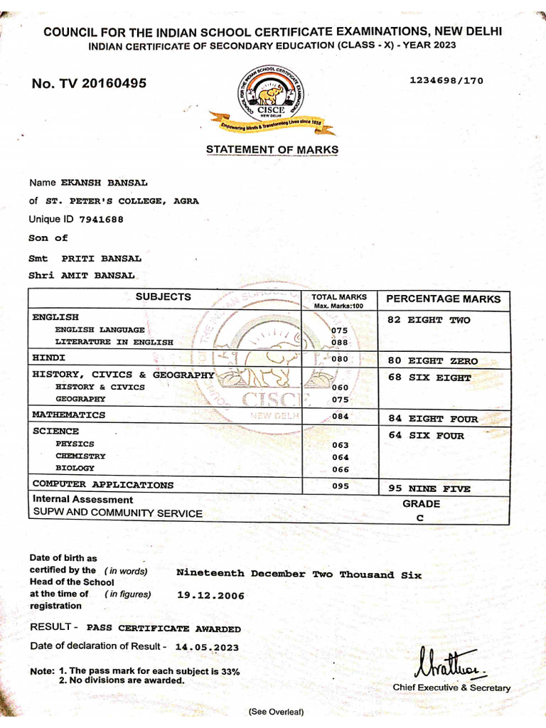 Class X Certificate | PDF