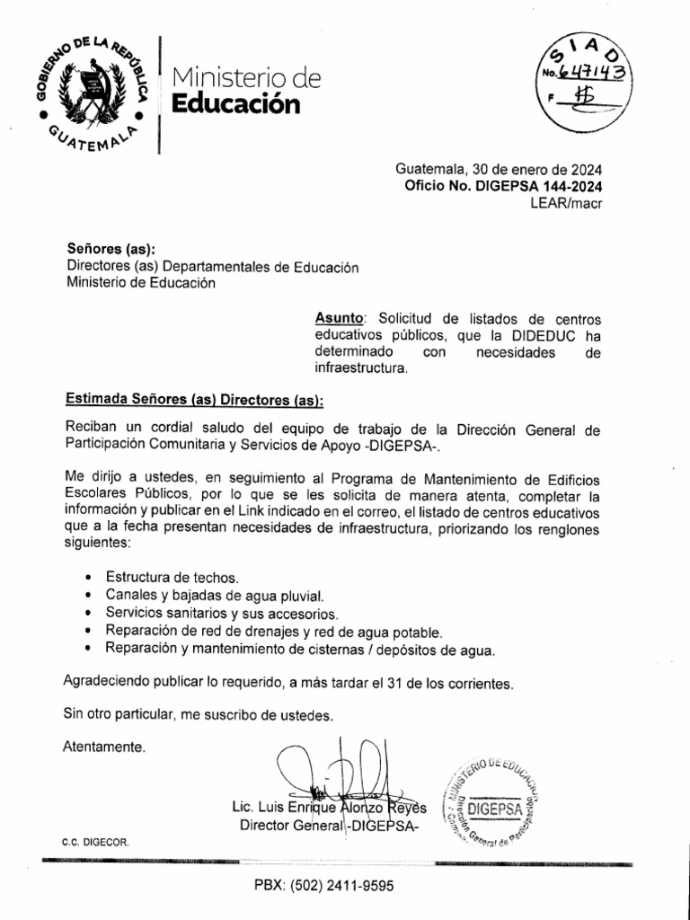 Oficio Digepsa 144-2024 Solicitud Listados Centros Educativos Con Necesidades de Infraestructura ...