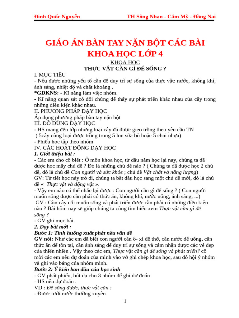 Giao An Ban Tay Nan Bot Cac Bai Khoa Hoc Lop 4 | PDF