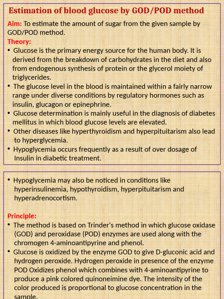 Blood Glucose Estimation by GOD/POD Method | PDF | Glucose | Hypoglycemia