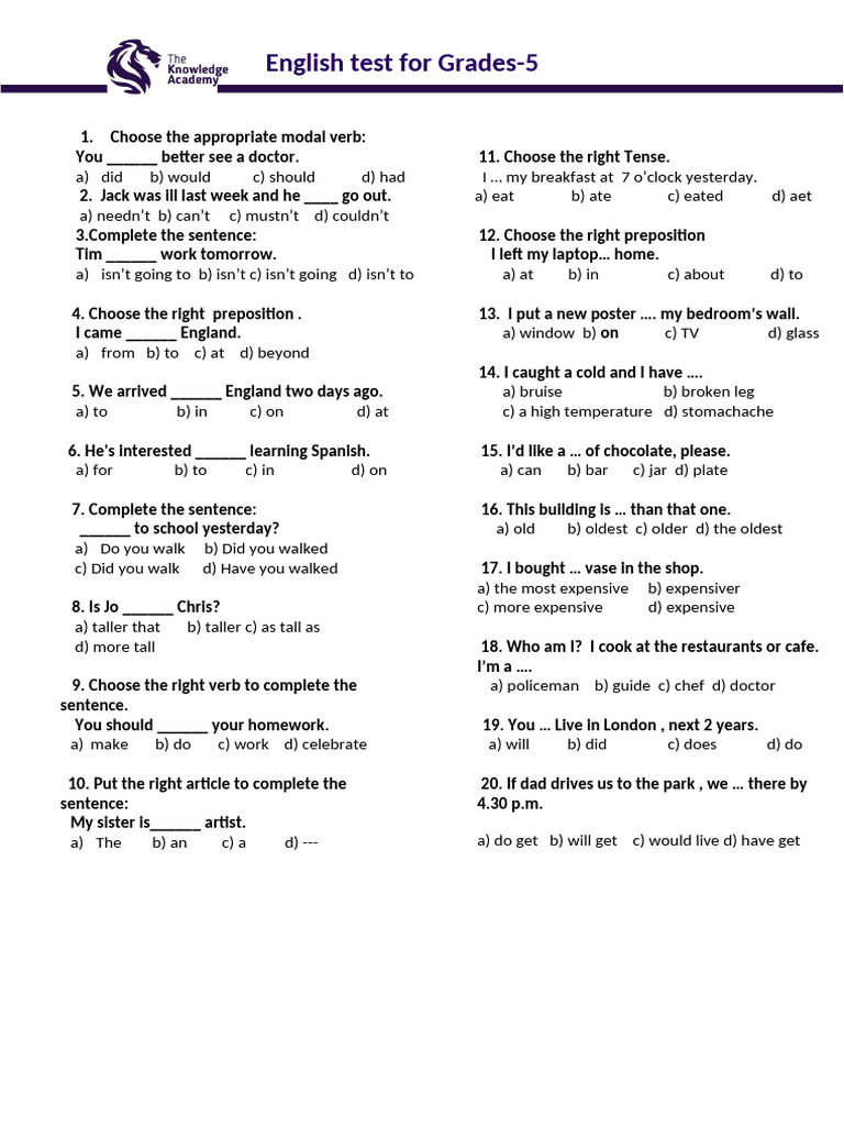 TEST- 5th GRADE English | PDF | Semantic Units | Linguistics
