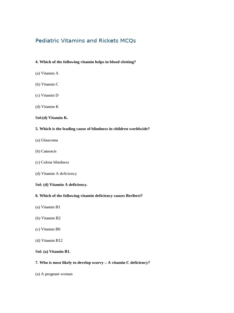 Pediatric MCQ Vitamins and Rickets | PDF | Vitamin D | Vitamin