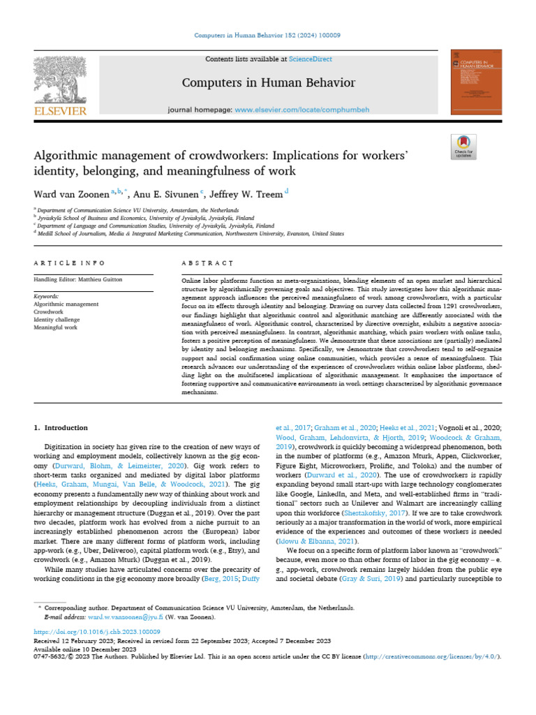 Algorithmic Management of Crowdworkers Implications For Workers' | PDF