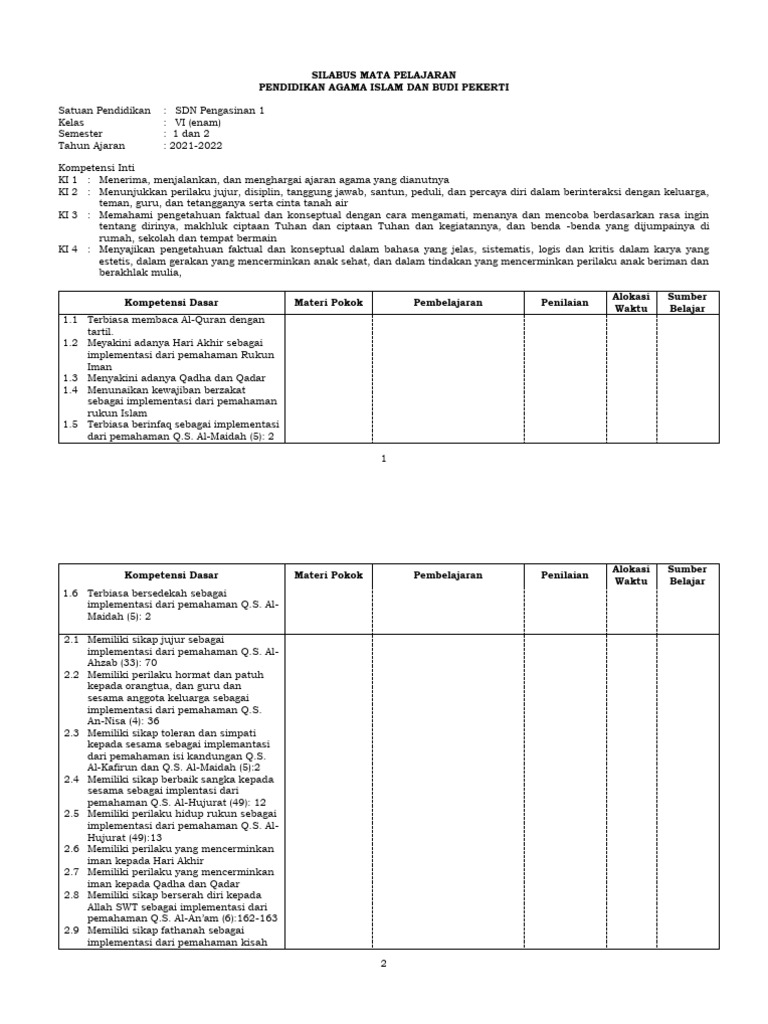 Silabus PAI Kelas VI SD 2021-2022 | PDF