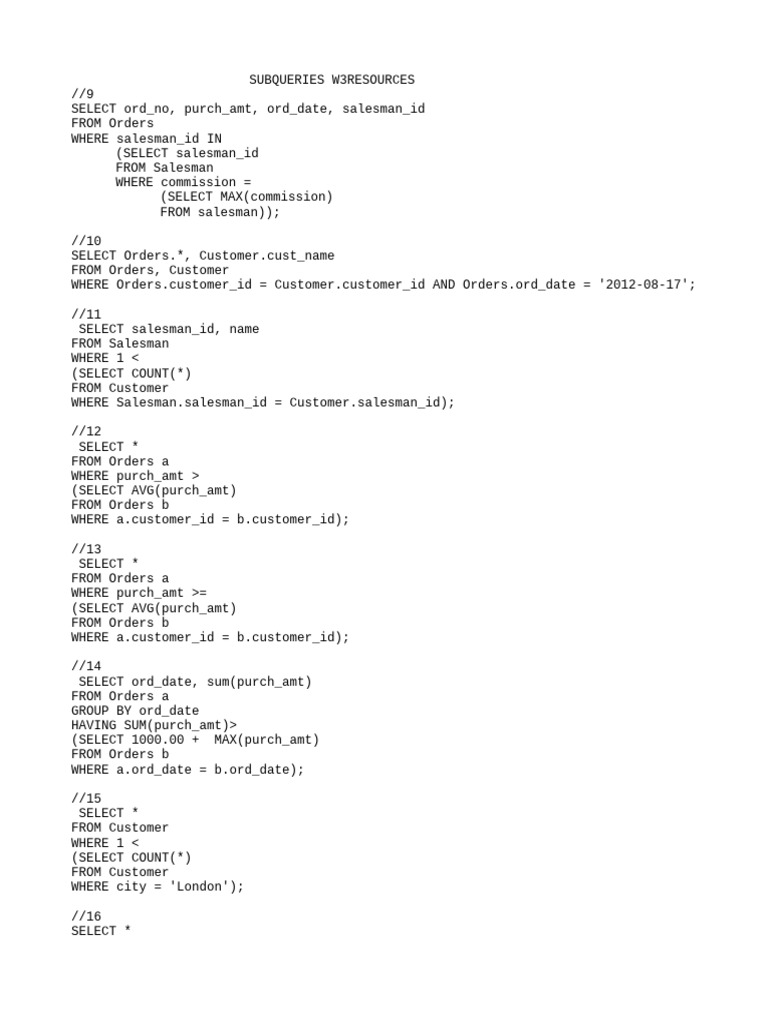 SUBQUERIES W3RESOURCES | PDF