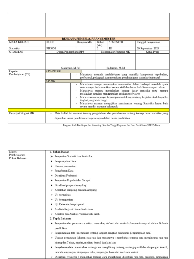 RPS (PG Paud) Statistika Ganjil 2024 | PDF