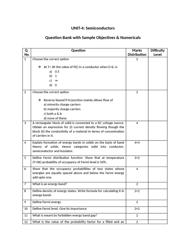 Q_Bank_Unit-4 | PDF | Semiconductors | Doping (Semiconductor)