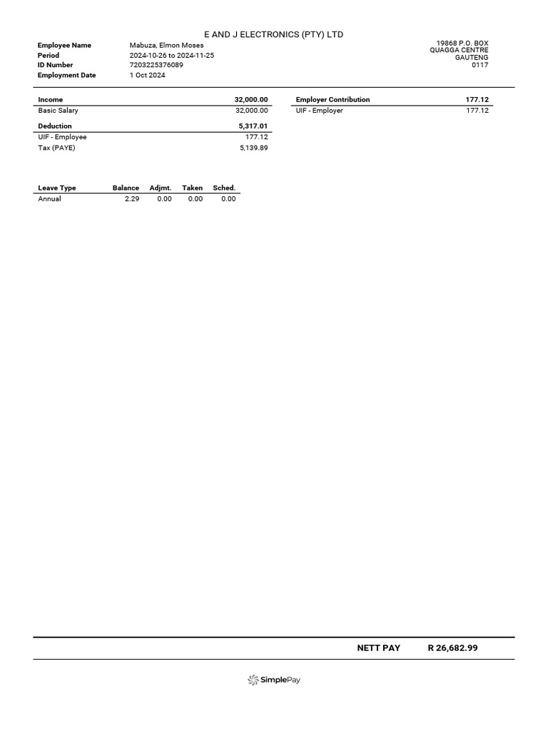 Payslip - Elmon Moses Mabuza 2024-11-25 | PDF