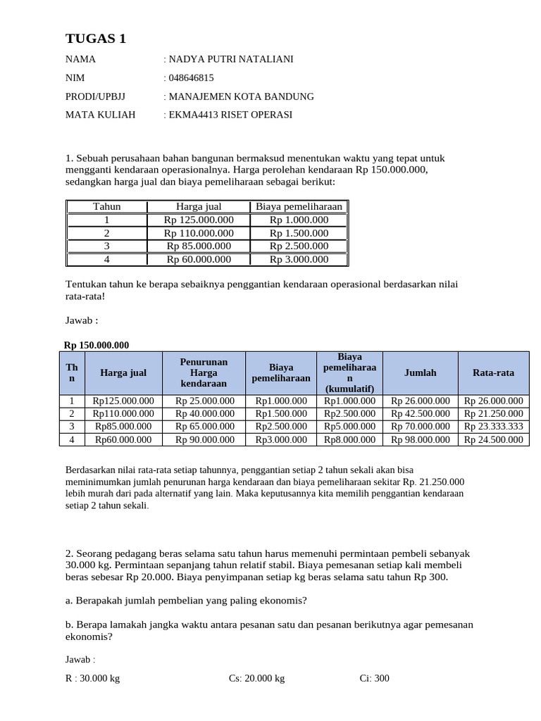Tugas 1 Nadya Putri Nataliani 048646815 Riset Operasi Ekma4413 | PDF