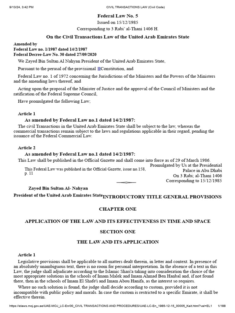 UAE Civil Transactions Law Overview | PDF | Offer And Acceptance ...